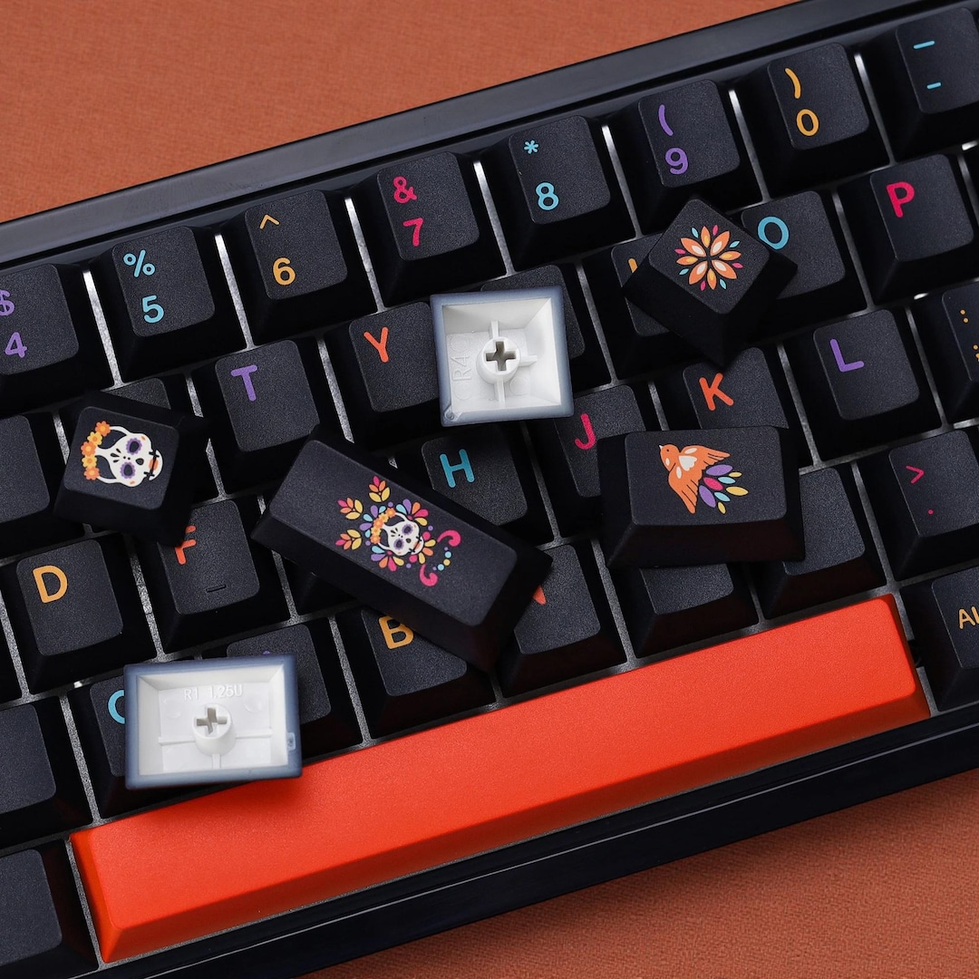 Aztec & Skeleton Theme Keycap Set | Dark Black Base With Vibrant Multi ...