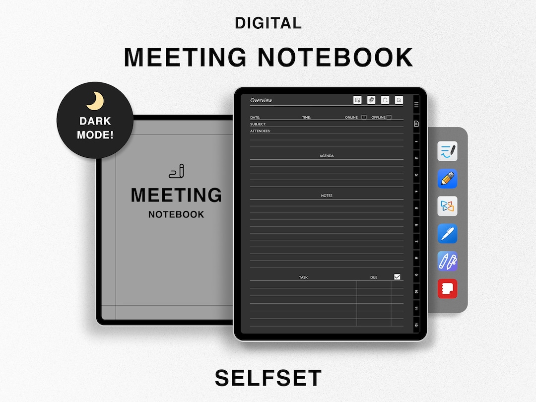 Digital Meeting Notebook, Dark Meeting Template, Editable Meeting ...