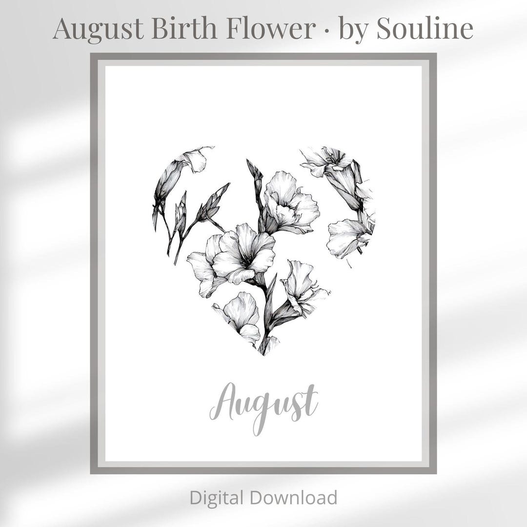 Birth Flower Print, Gladiolus Botanical Heart (august), Minimal Black ...