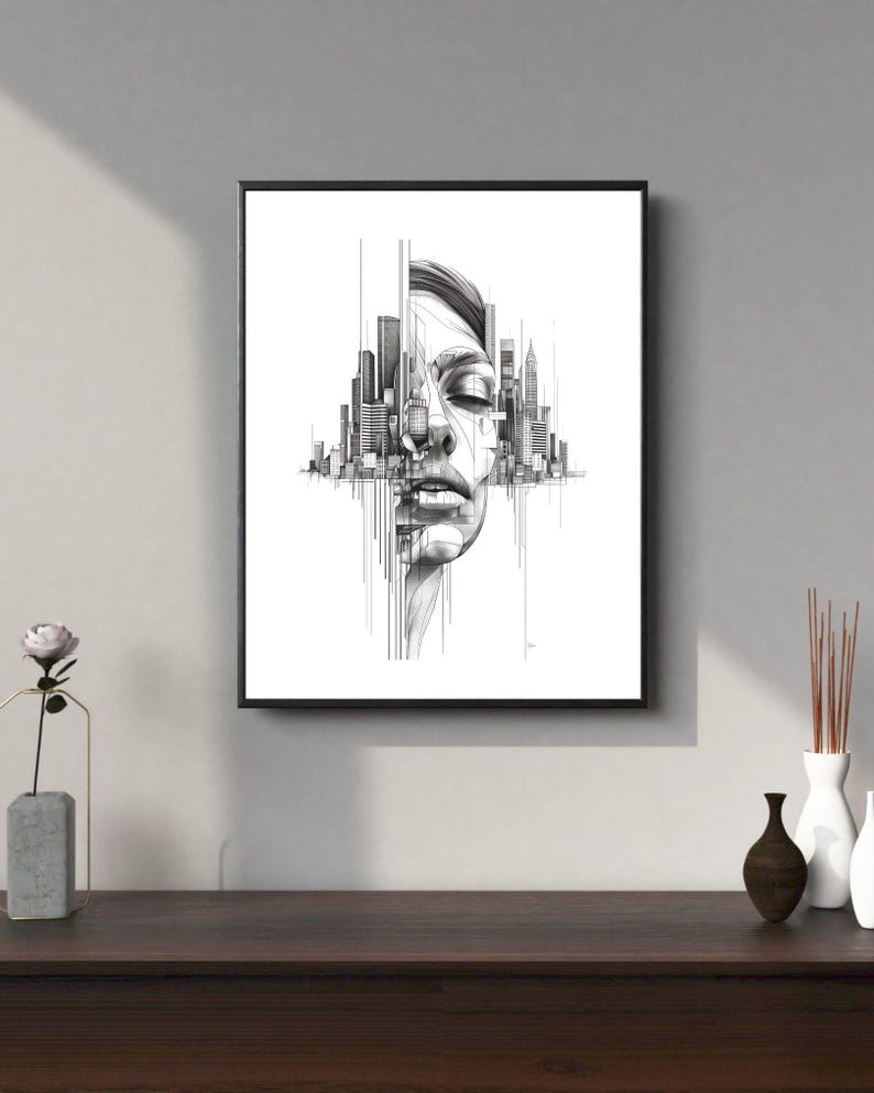 Urban Face 03 – Portrait dessin au trait minimaliste avec horizon de la ...