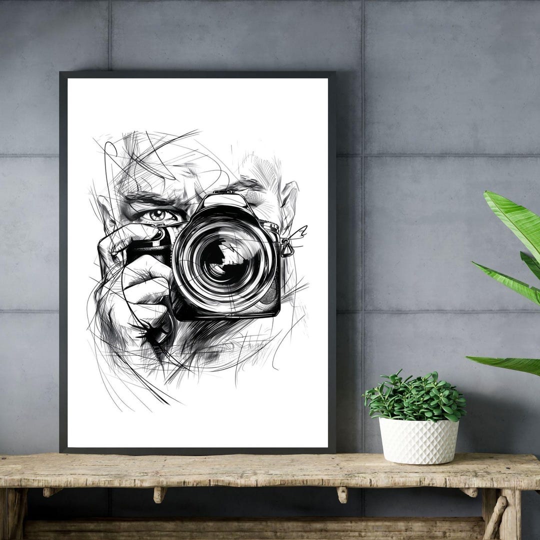 Through the Lens | Modern Ink Line Art Poster | Minimalist Photographer ...