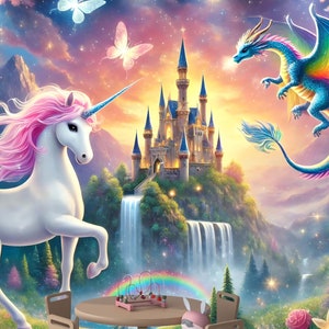 Fairytale Unicorn and Dragon Castle Nursery Wallpaper Mural ...