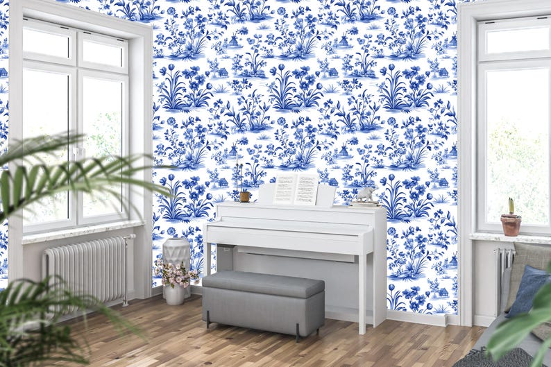 Delft Blue Peel and Stick Wallpaper Mural – Vintage Floral and Windmill Design - Etsy