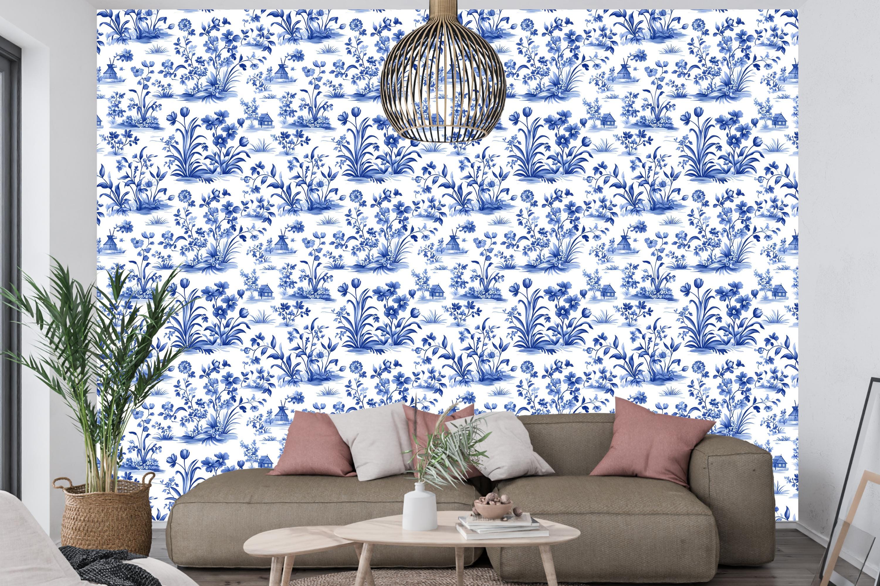 Delft Blue Peel and Stick Wallpaper Mural – Vintage Floral and Windmill ...
