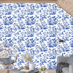 Delft Blue Peel and Stick Wallpaper Mural – Vintage Floral and Windmill ...