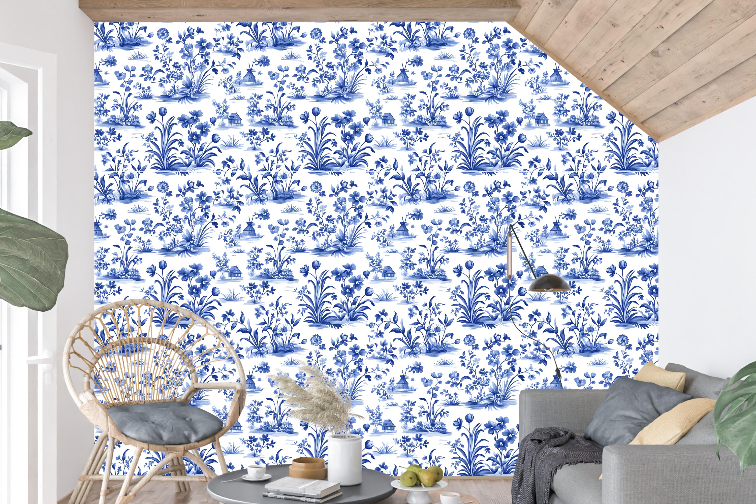 Delft Blue Peel and Stick Wallpaper Mural – Vintage Floral and Windmill ...