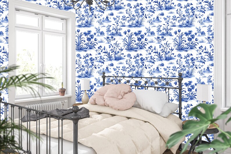 Delft Blue Peel and Stick Wallpaper Mural – Vintage Floral and Windmill Design - Etsy