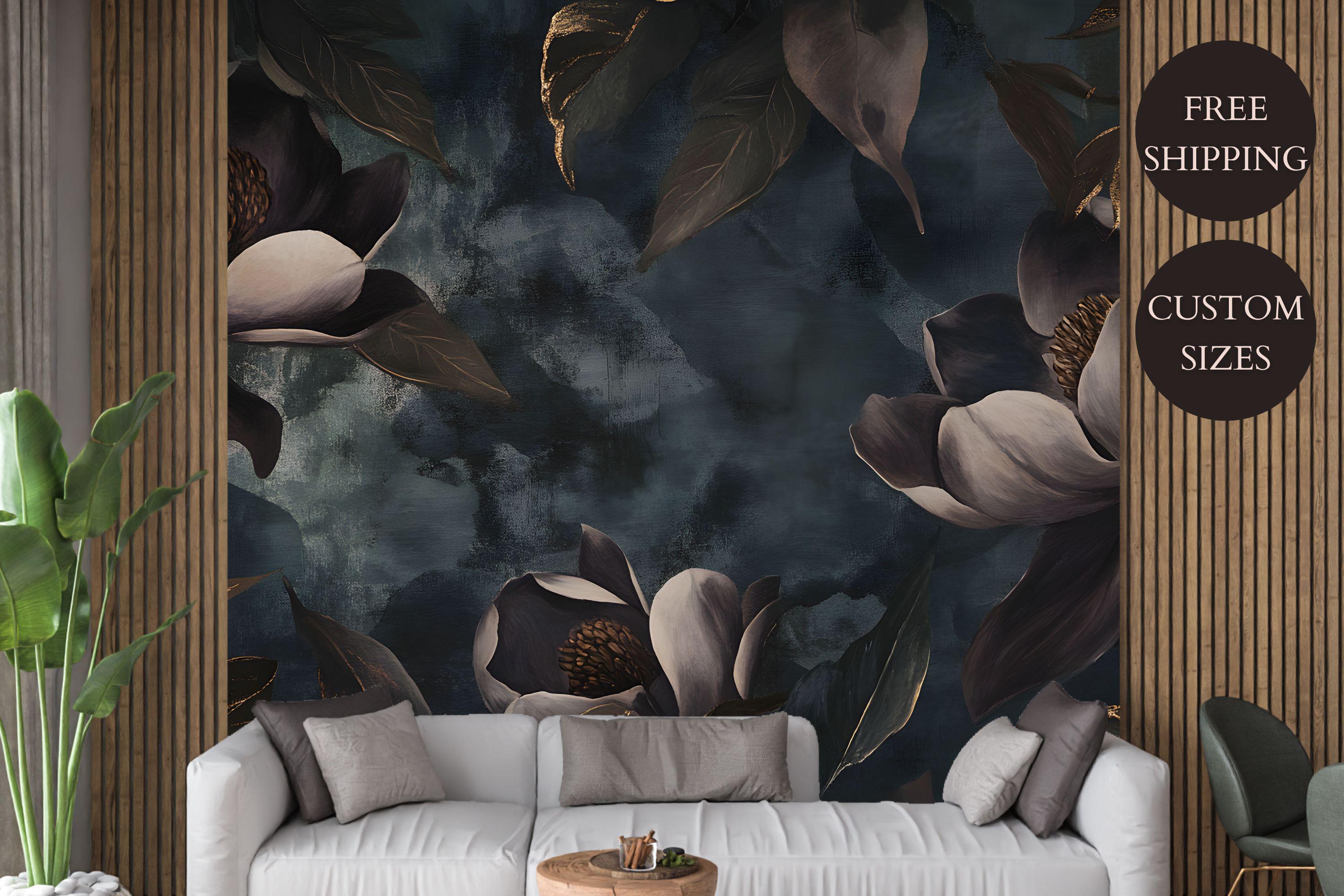 Moody Dark Floral Magnolia Wallpaper – Gold Leaf Wall Mural – Black ...