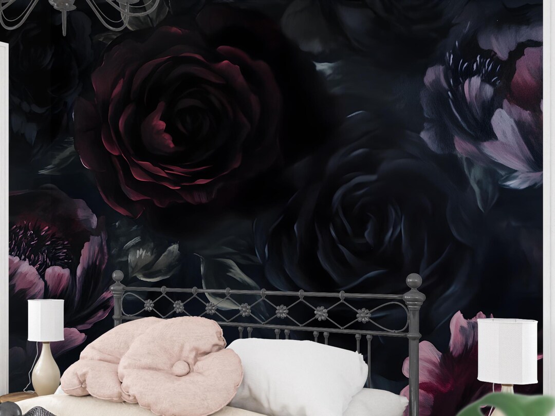Gothic Dark Black and Burgundy Rose Floral Wallpaper Mural – Moody ...
