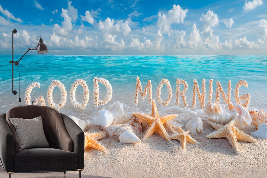 Good Morning Beach Wallpaper Mural – Ocean Sunrise, Seashell Starfish ...