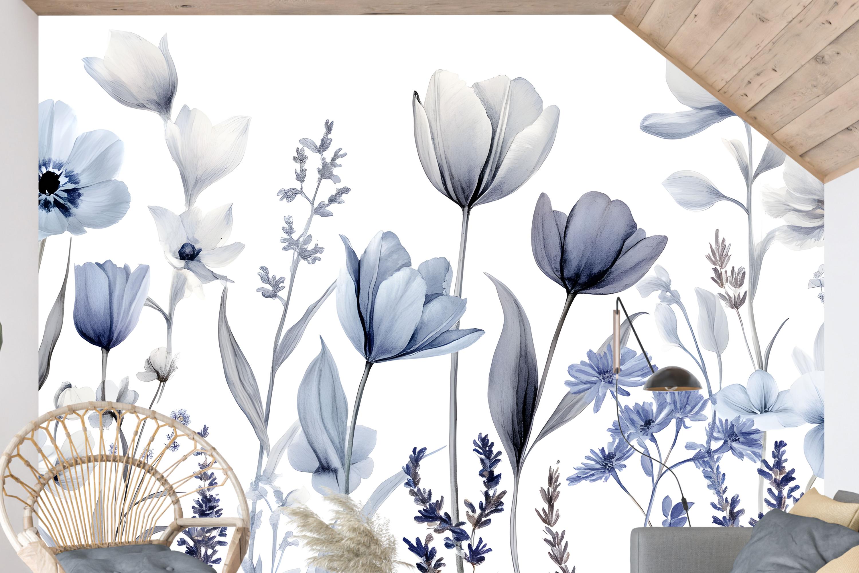 Blue Watercolor Floral Wallpaper: Botanical Peel and Stick Wall Mural ...