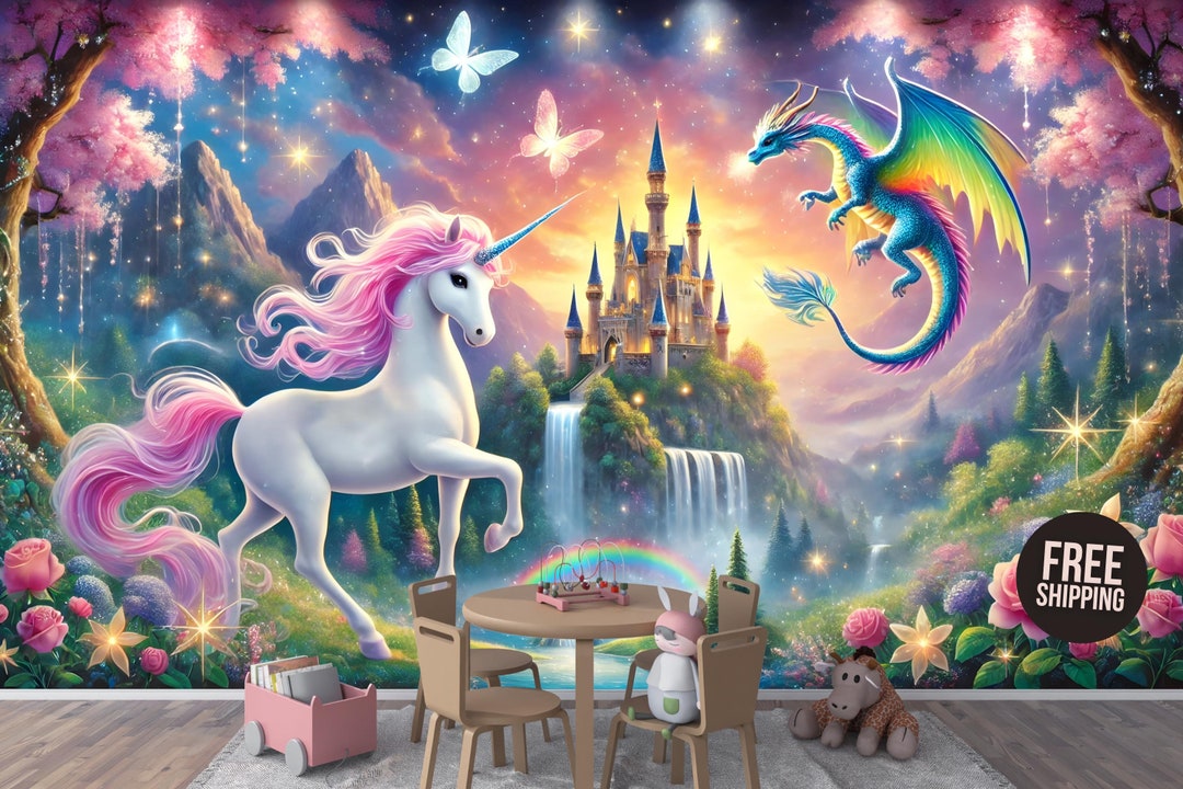 Fairytale Unicorn and Dragon Castle Nursery Wallpaper Mural ...