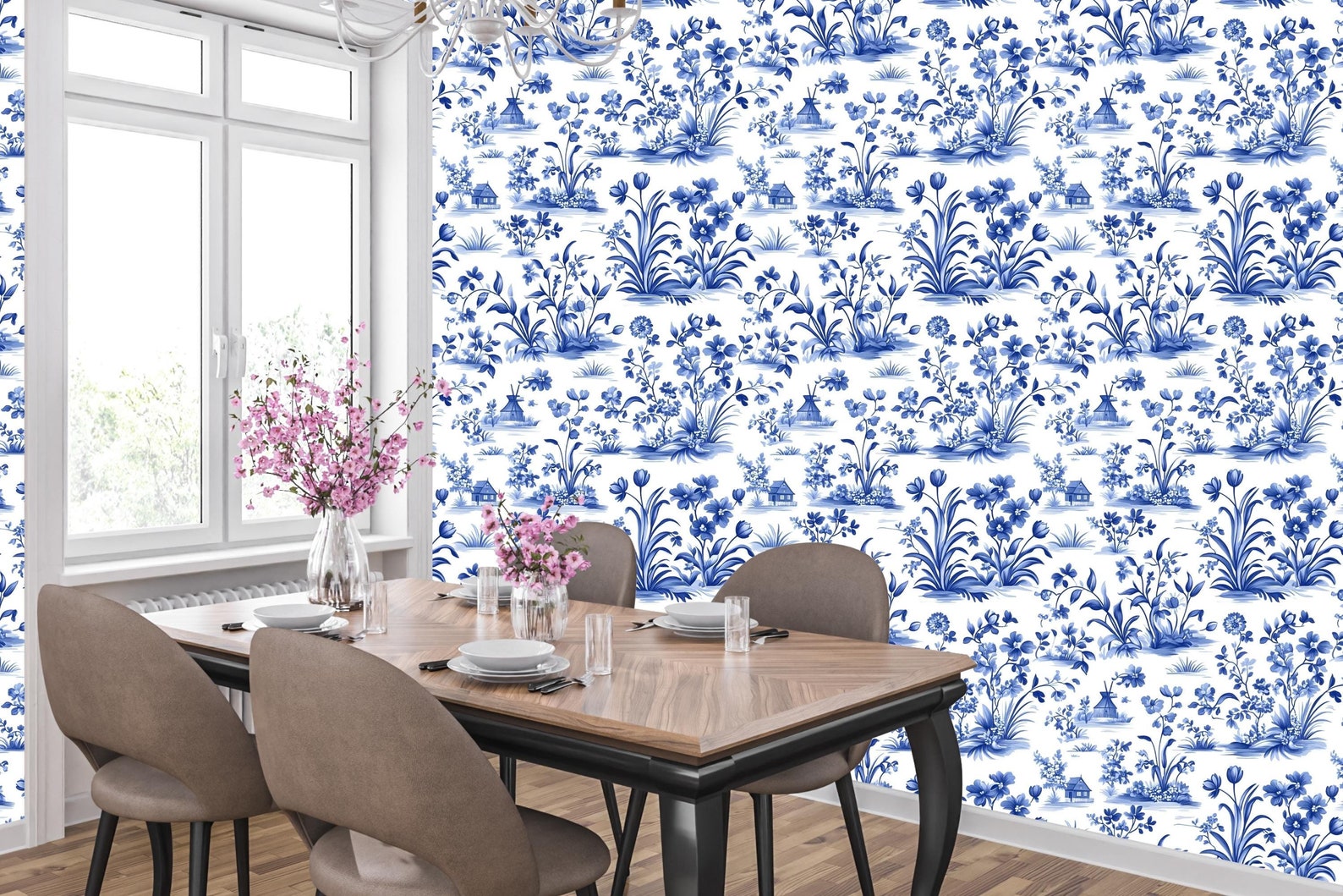 Delft Blue Peel and Stick Wallpaper Mural – Vintage Floral and Windmill ...