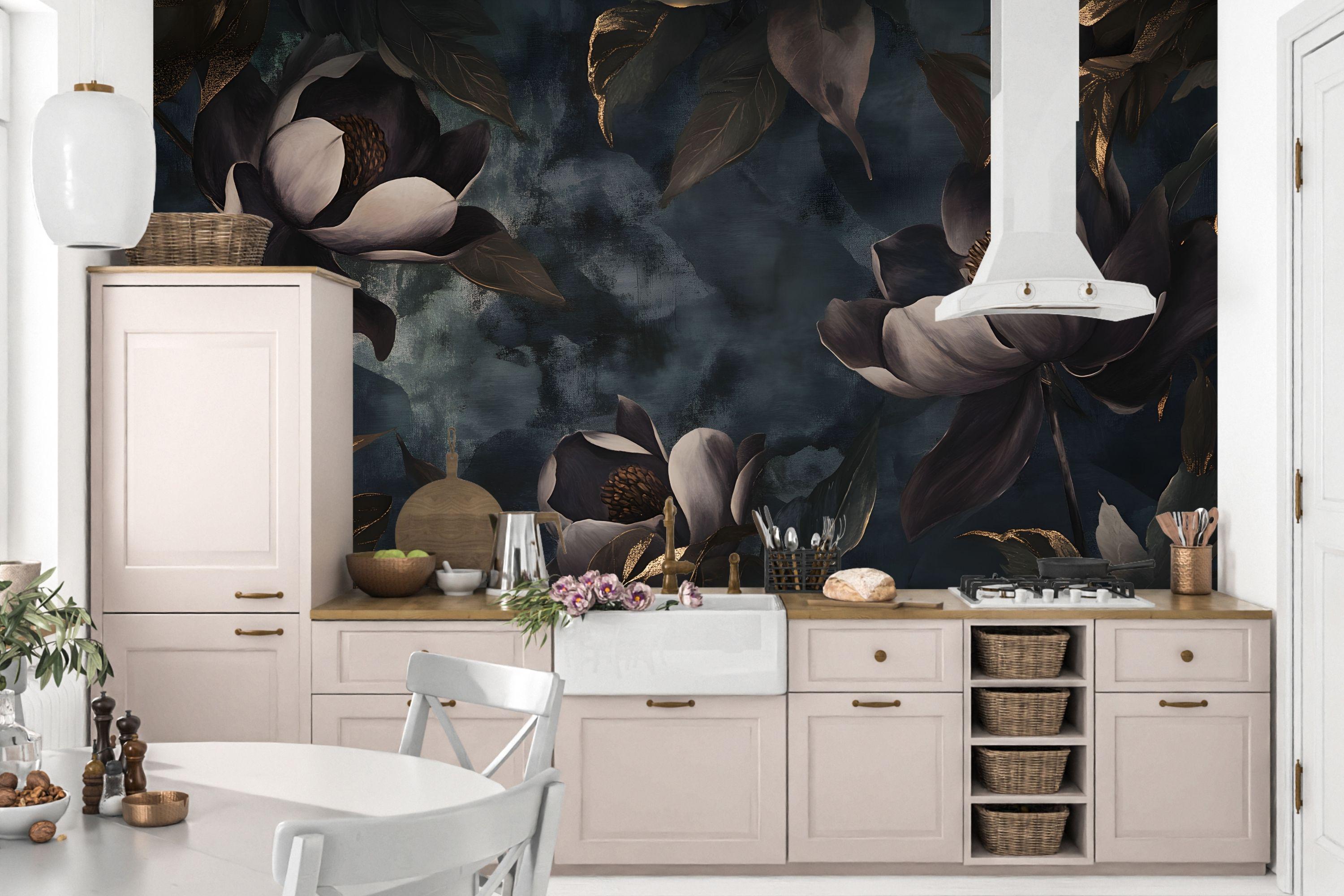 Moody Dark Floral Magnolia Wallpaper – Gold Leaf Wall Mural – Black ...