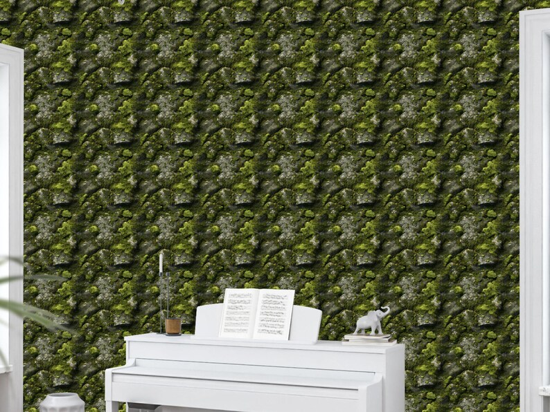 3D Mossy Rock Stone Wallpaper Wall Mural, Rustic Green Rock Texture ...