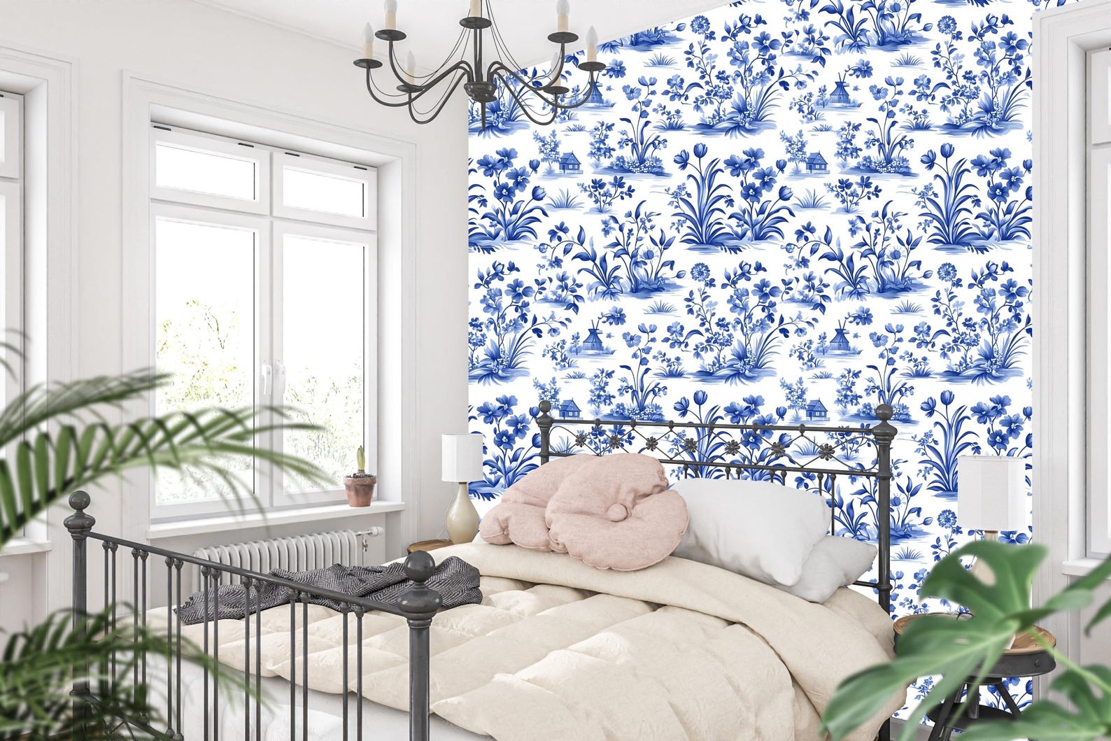 Delft Blue Peel and Stick Wallpaper Mural – Vintage Floral and Windmill ...