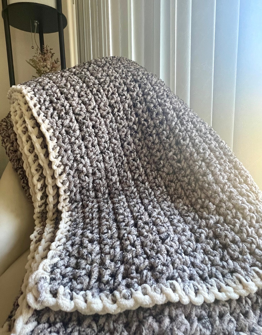 Handmade Crocheted Blanket Grey/blue Tweed With Vintage White Border - Etsy