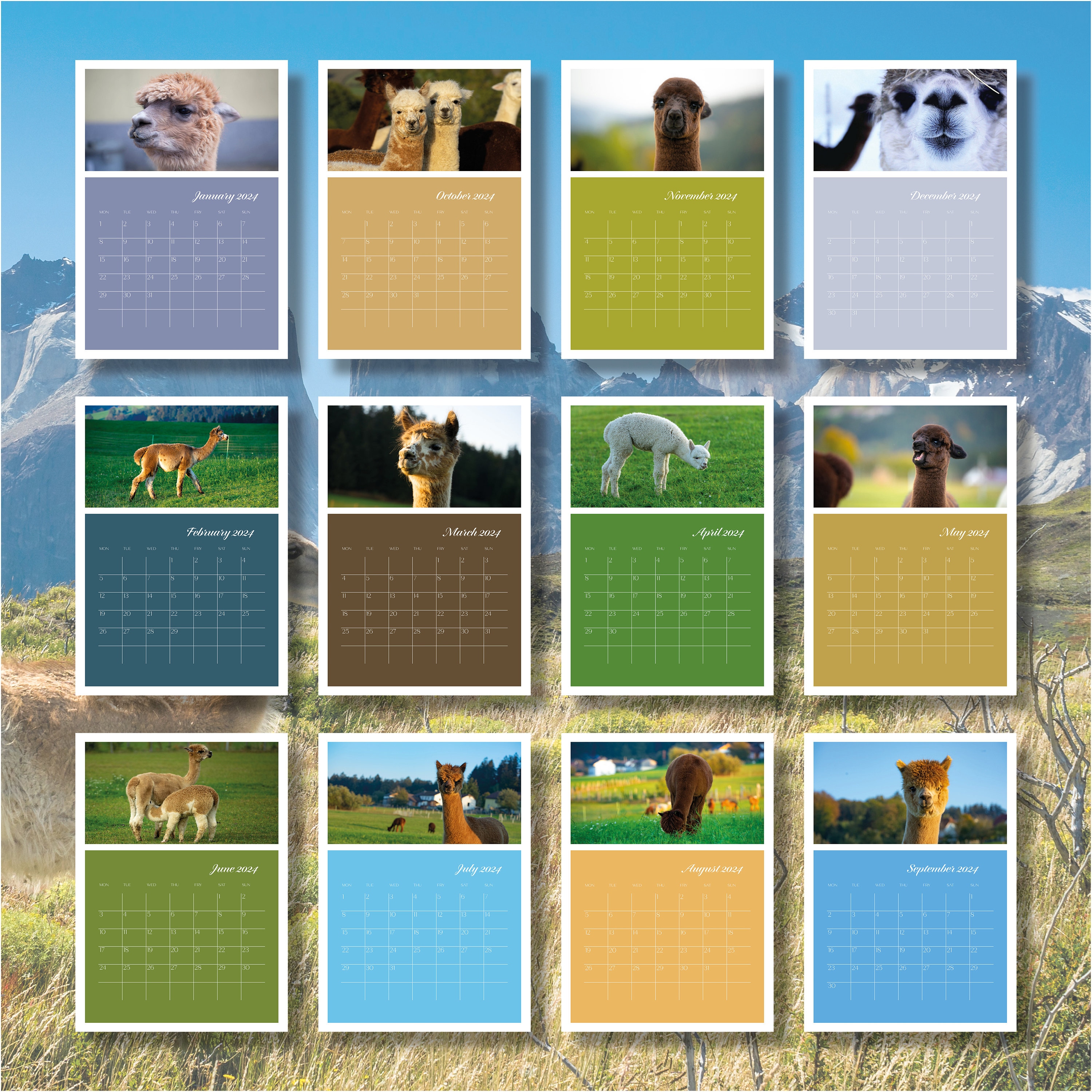 Alpaca Calendar, 2024, Printable, Editable, Bundle, Digital Download ...