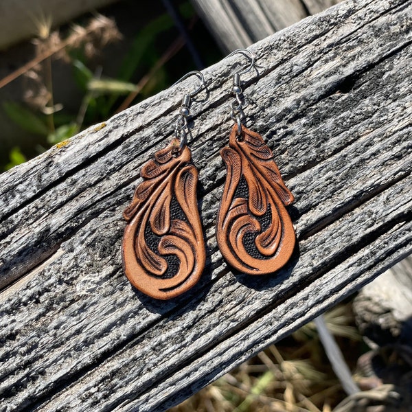 Leather Earrings Tooled - Etsy