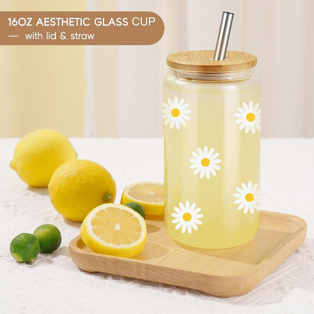 Daisy Iced Coffee Cup Cute Glass Cup With Lid And Straw Iced Etsy