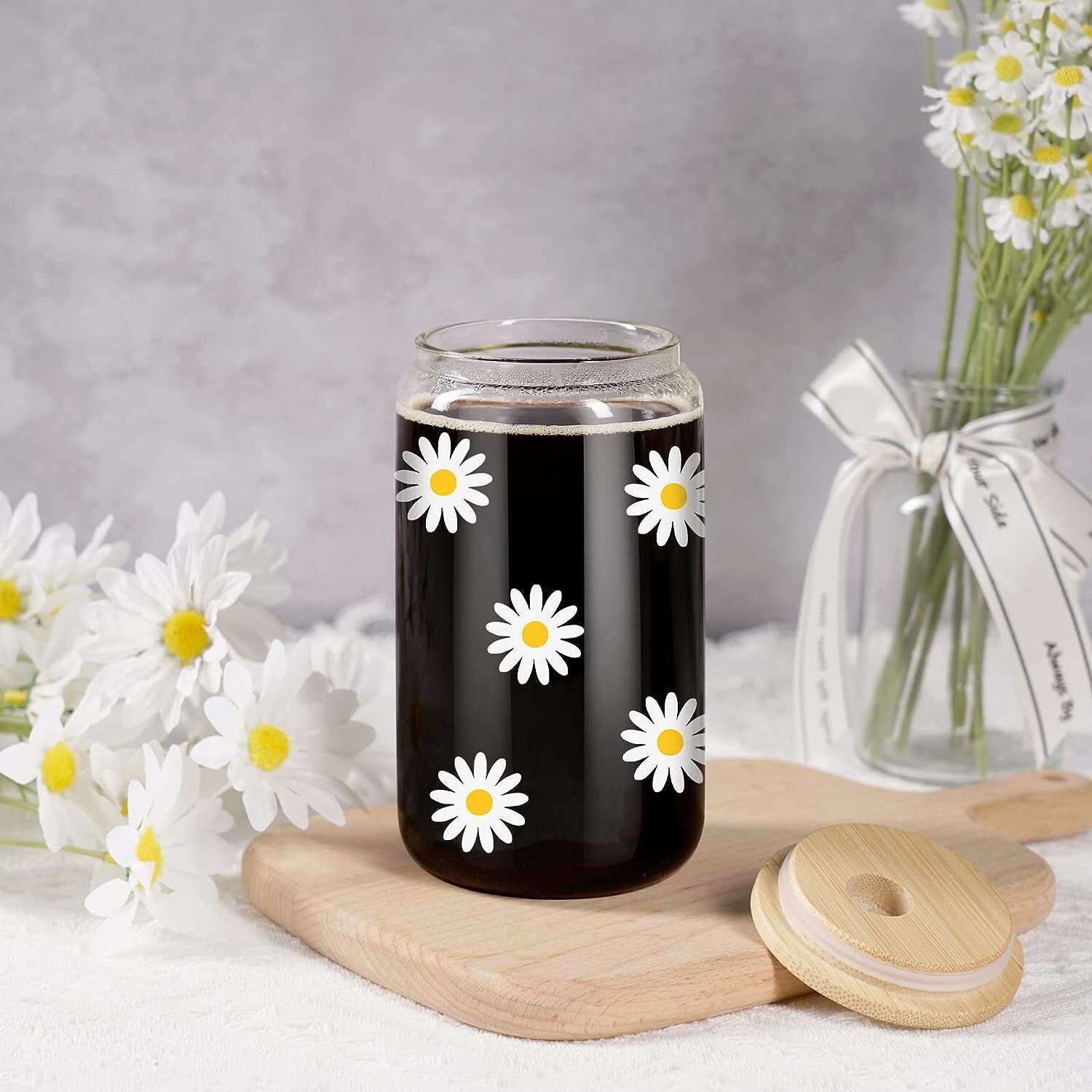 Daisy Iced Coffee Cup Cute Glass Cup With Lid And Straw Iced Etsy