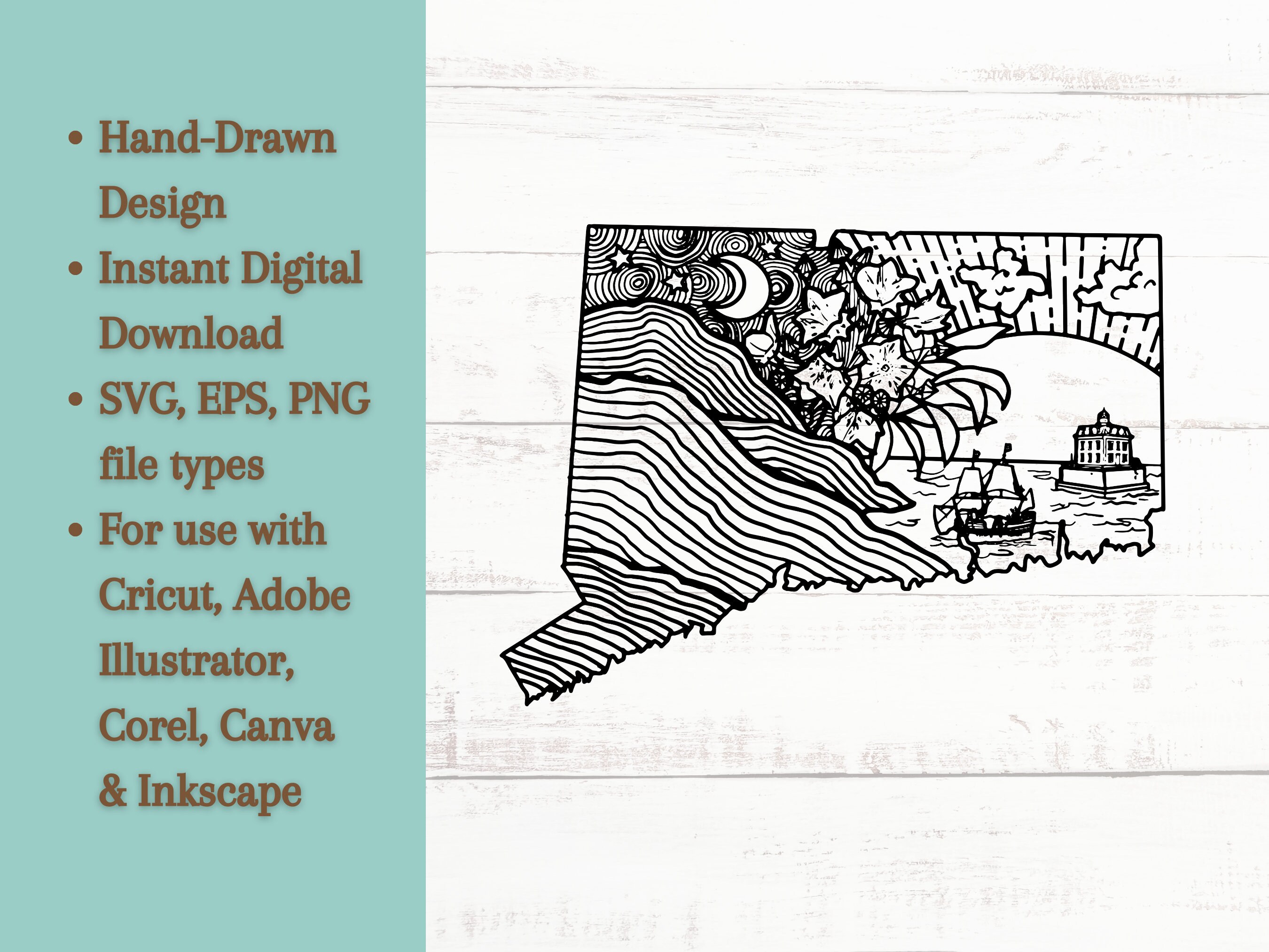Connecticut Sketch SVG File for Shirts, Mugs, Prints State Print ...