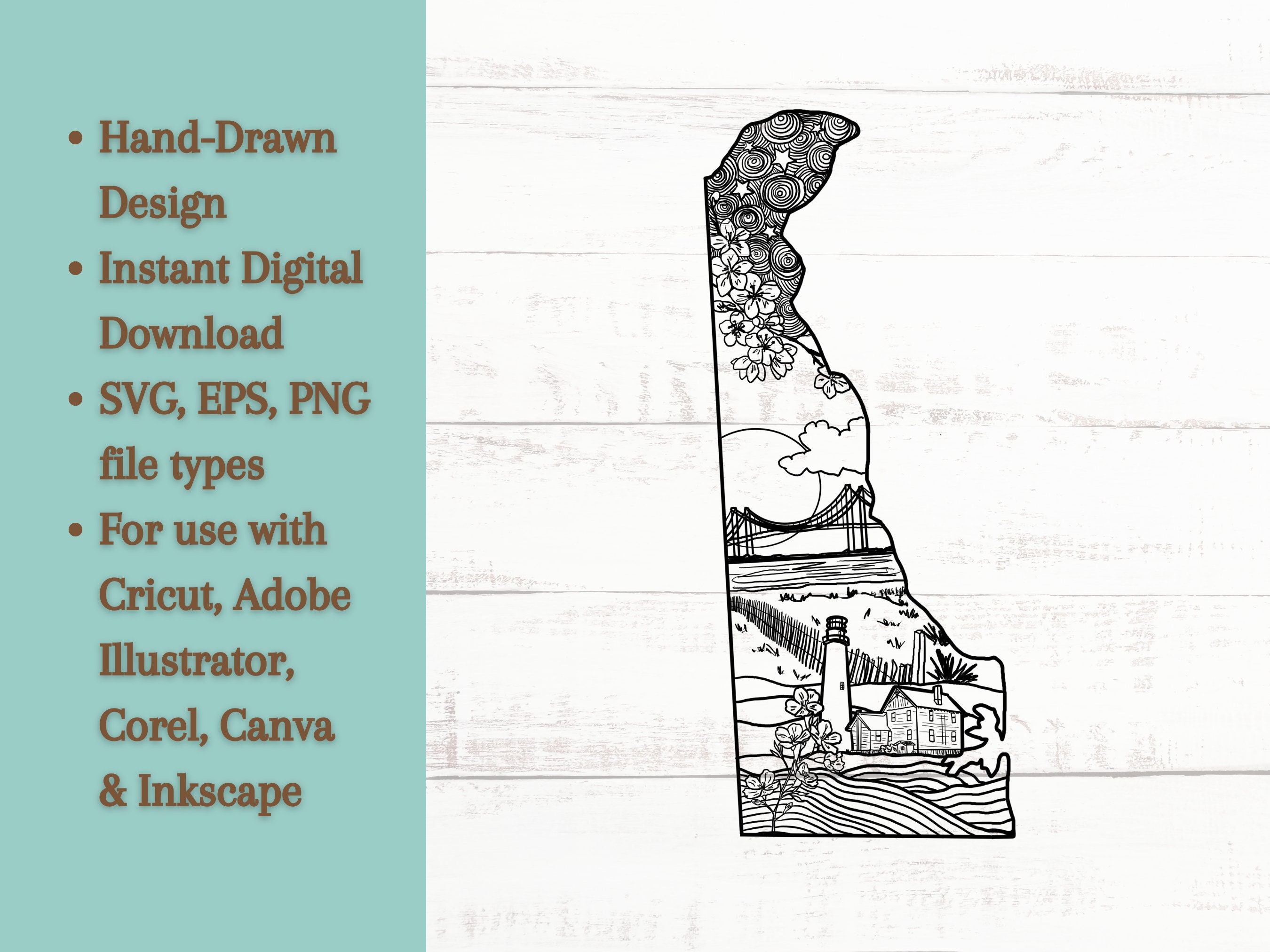 Delaware Sketch SVG File for Shirts, Mugs, Prints | State Print ...
