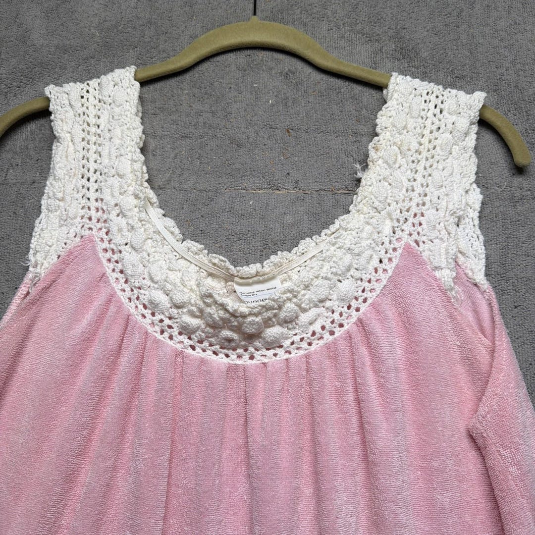 Vintage Terry Cloth Nightgown Pink White Cottagecore Modest Sleeveless ...