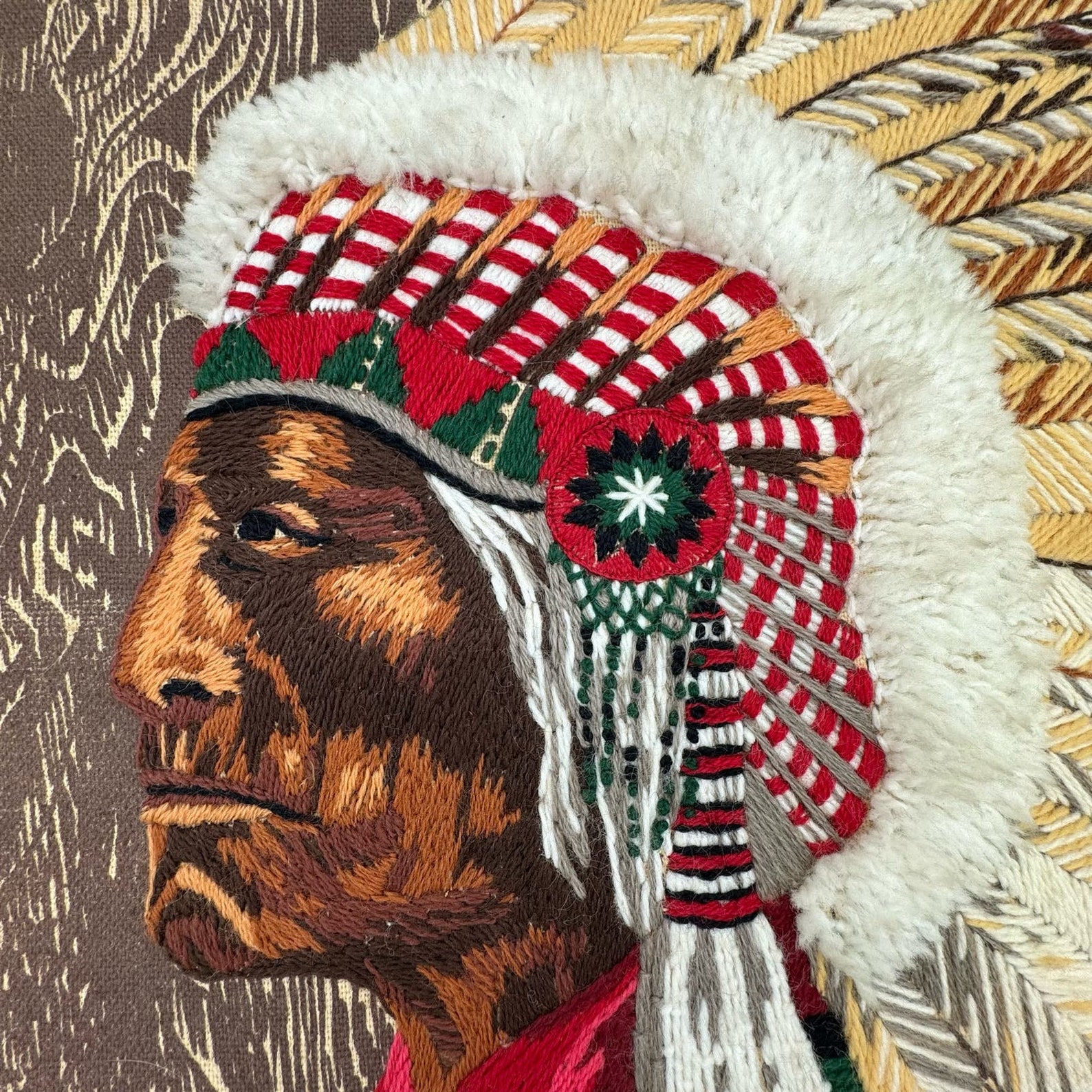 Vtg 70s Completed Crewel Work Cheyenne Chief Native Framed Embroidery ...