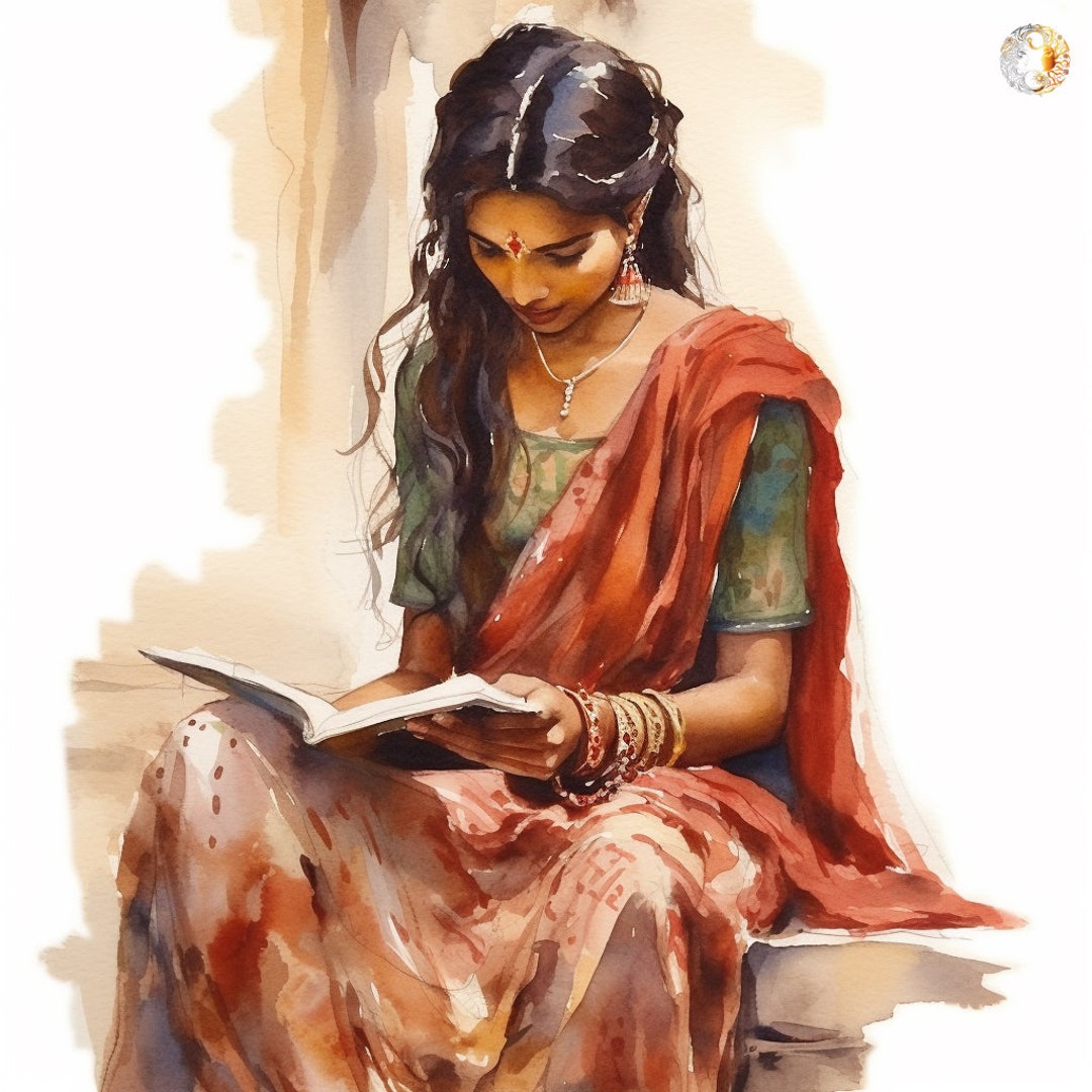 Indian Women Art Saree Reading Book Watercolor Art Desi Art Indian Book ...