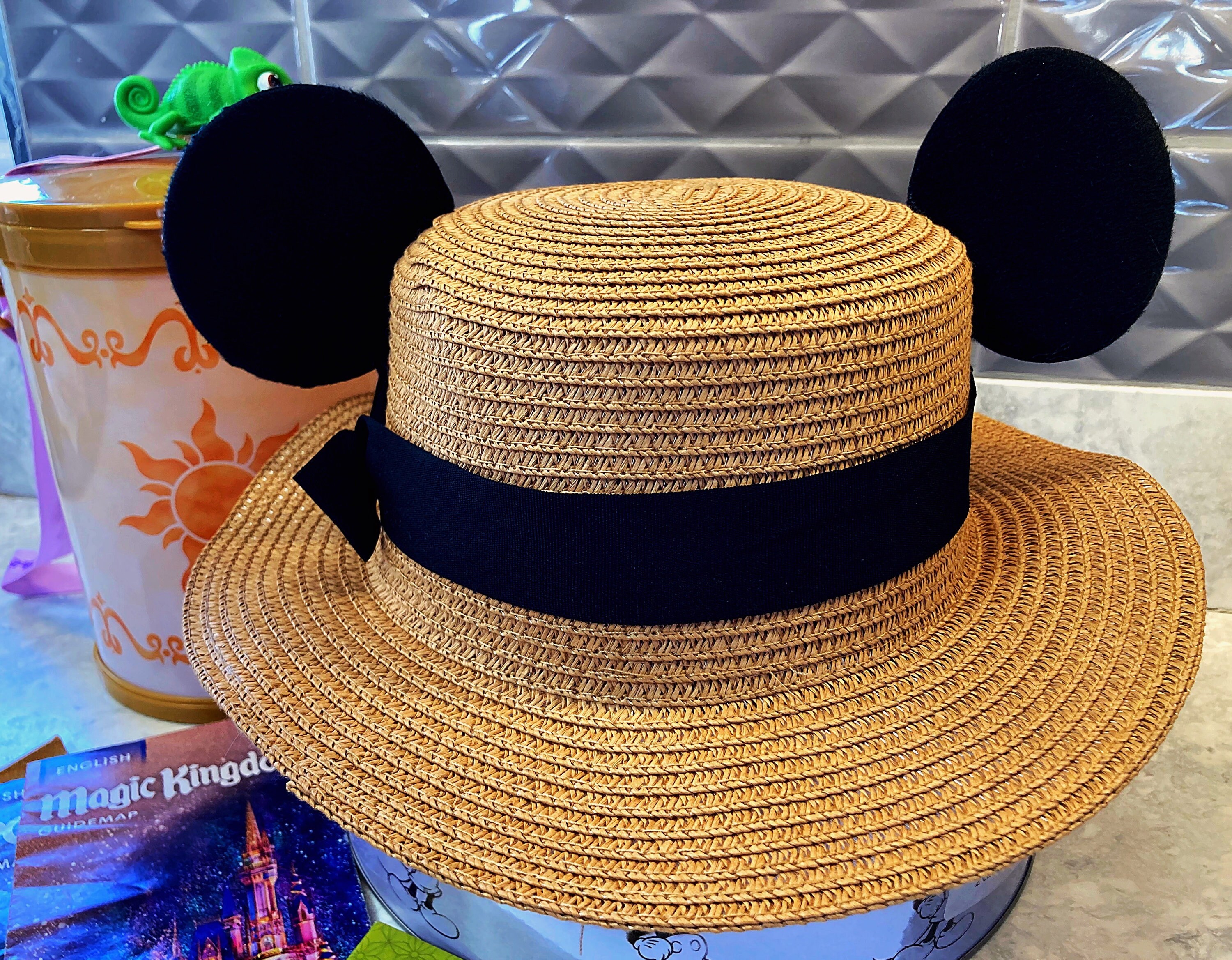 Disney Mickey Mouse Style Straw Short Brim Boater Hat - With Mickey ...