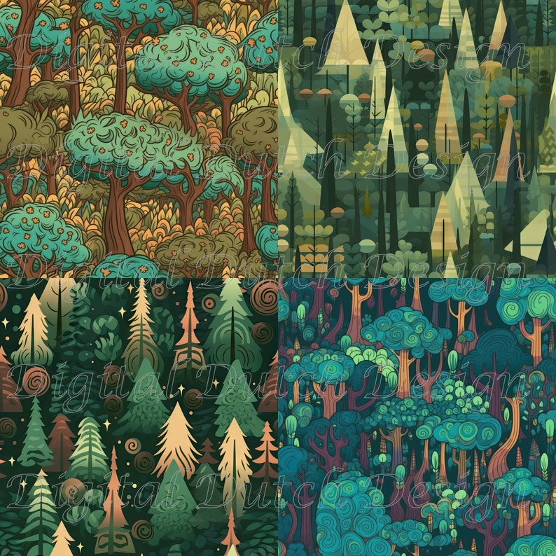 Fantasy Forest, Seamless Pattern, Trees, Nature. Digital Paper ...