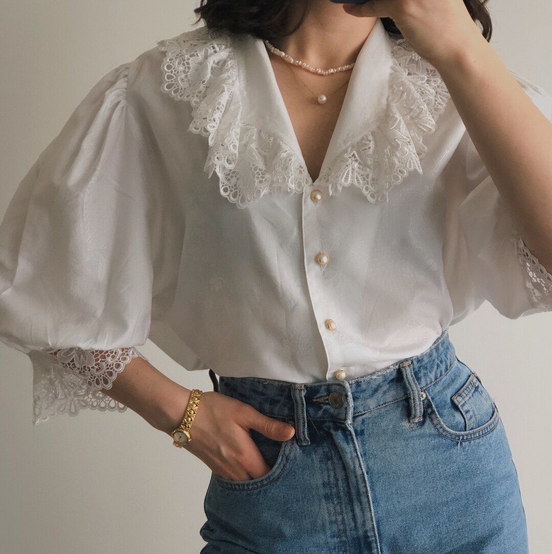 Vintage White Ruffle Collar Blouse 80s Victorian Puff Sleeve Etsy