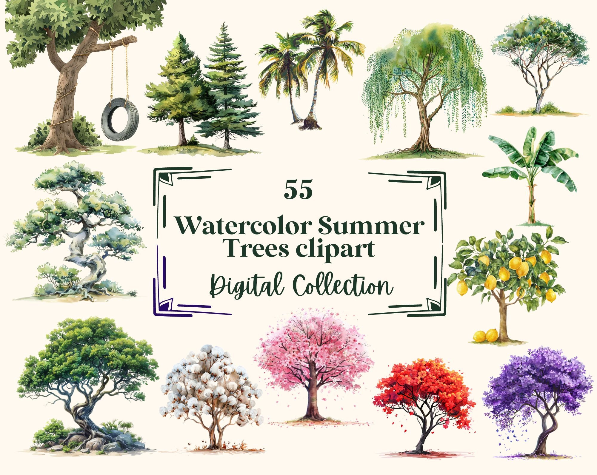 55 Watercolor Summer Trees Clipart, Perfect for Scrapbook, Journal ...