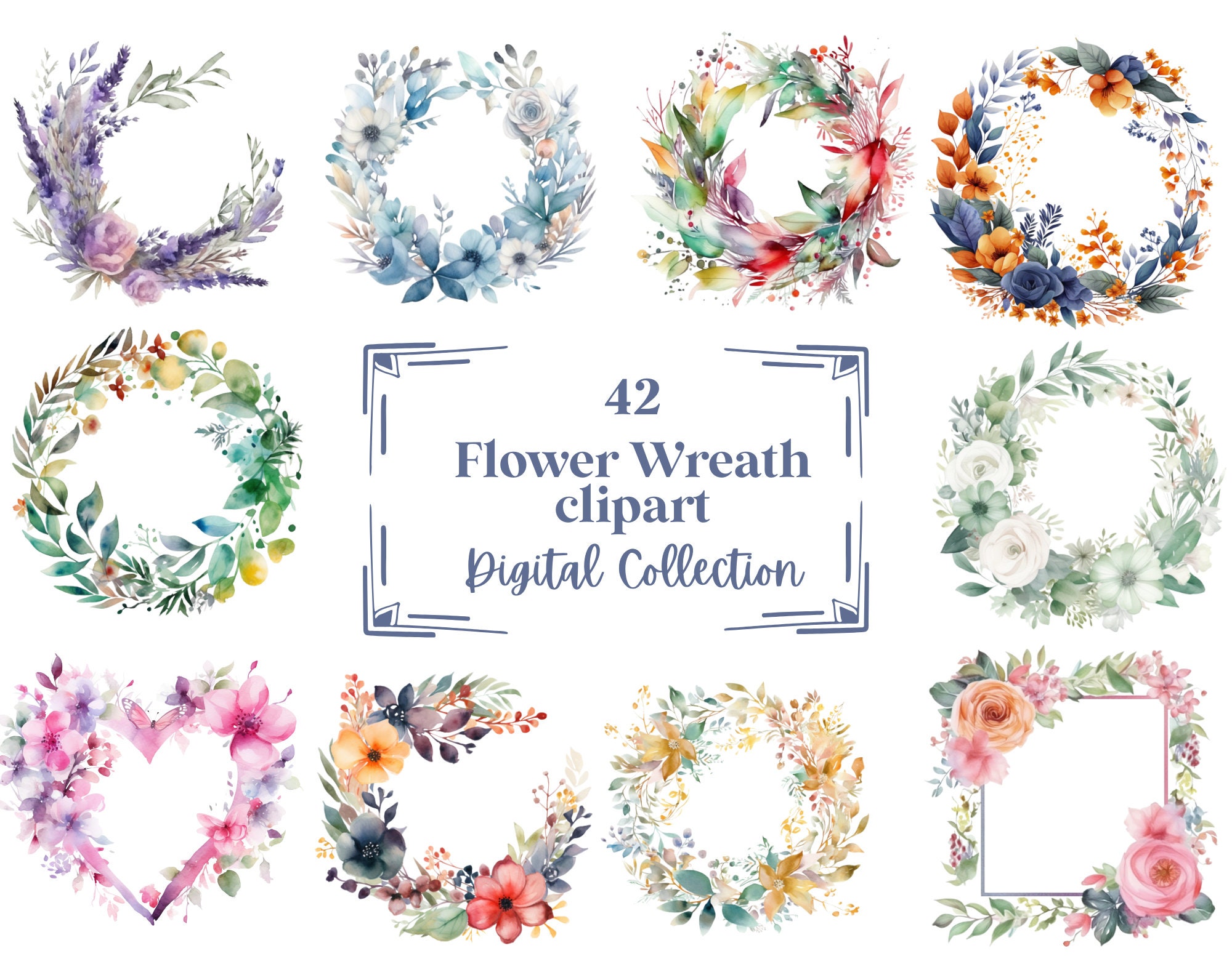 42 Floral Wreath Clipart, Floral Spring Frames, Watercolor Spring ...