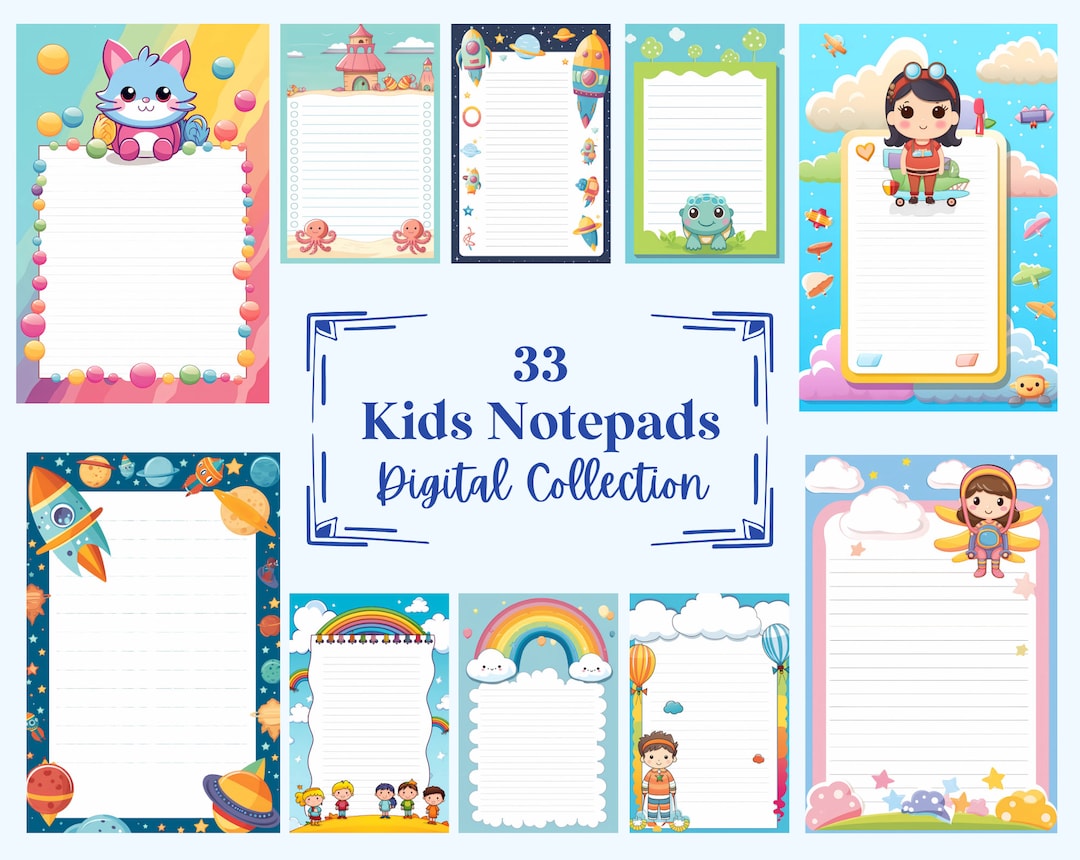 33 Kids Writing Pages, Cute Notepads, Digital Scrapbook Paper, Instant ...