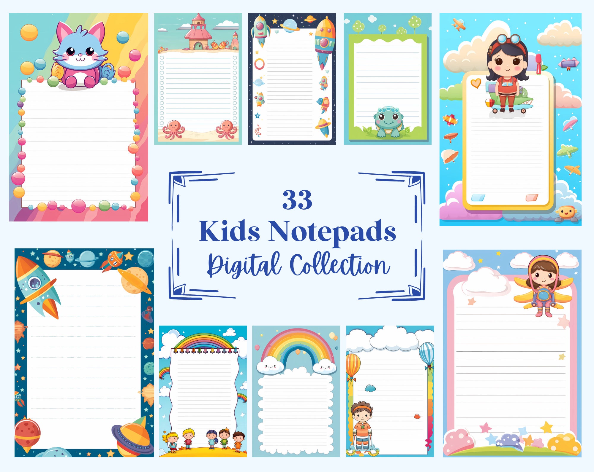 33 Kids Writing Pages, Cute Notepads, Digital Scrapbook Paper, Instant ...