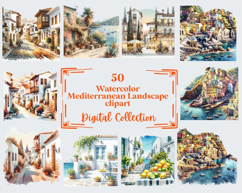 50 Watercolor Mediterranean Landscape Clipart, Perfect for Scrapbook ...