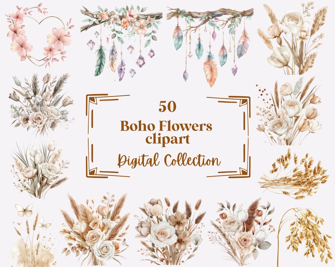 50 Boho Flowers Clipart Illustrations, Perfect for Scrapbook, Journal ...