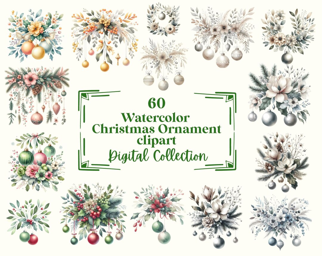 60 Watercolor Christmas Ornament Clipart, Perfect for Scrapbook ...