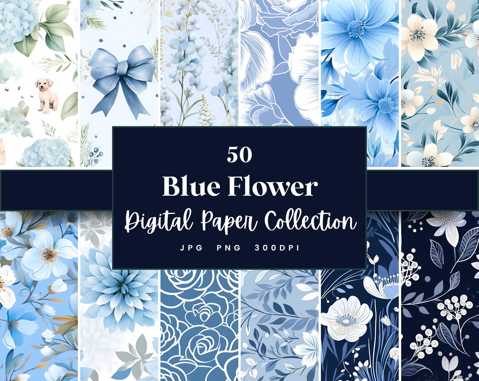 50 Blue Flower Digital Paper, Perfect for Textures Backgrounds ...