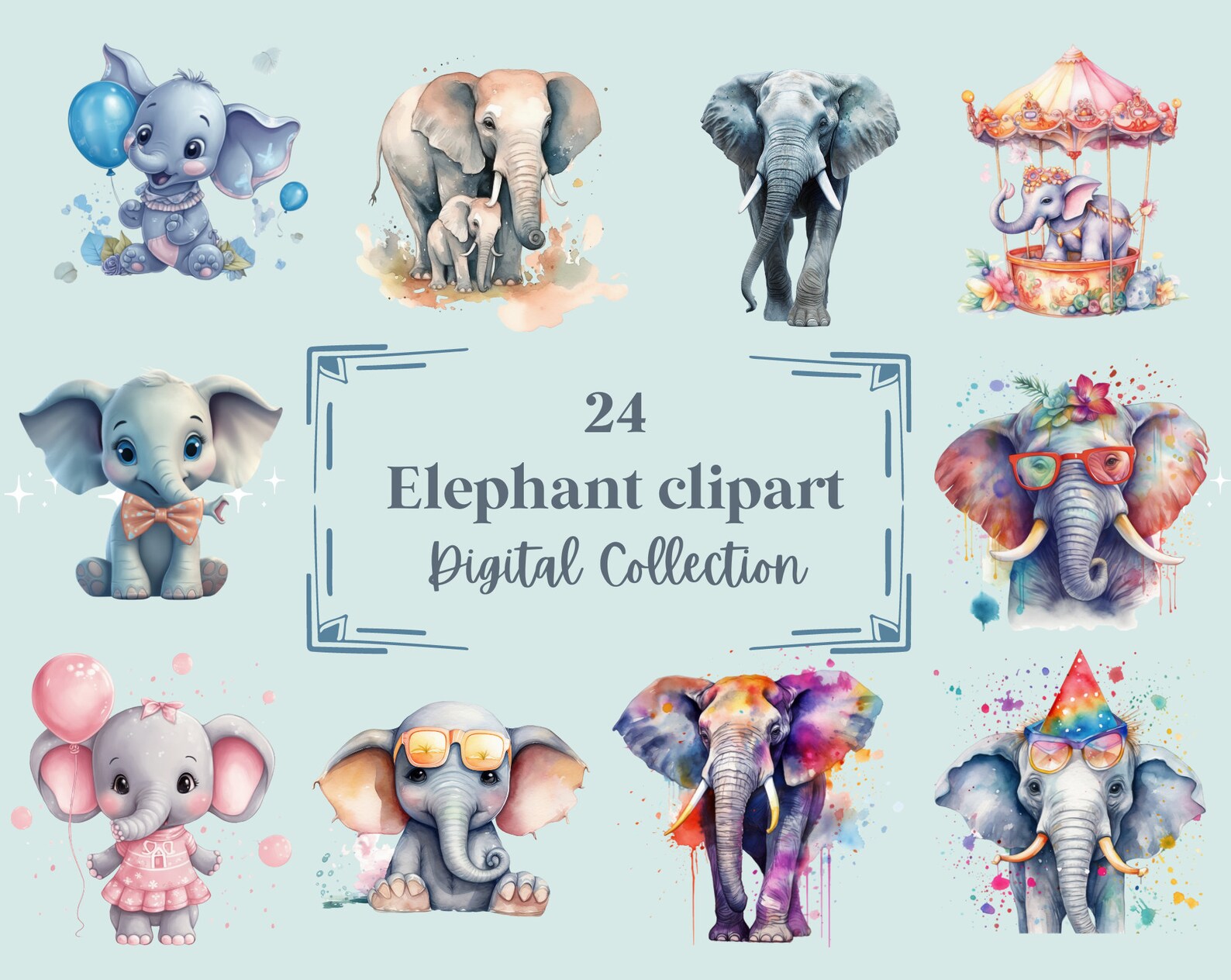 24 Elephant Clipart Illustrations, Baby & Adult, Perfect for Scrapbook ...