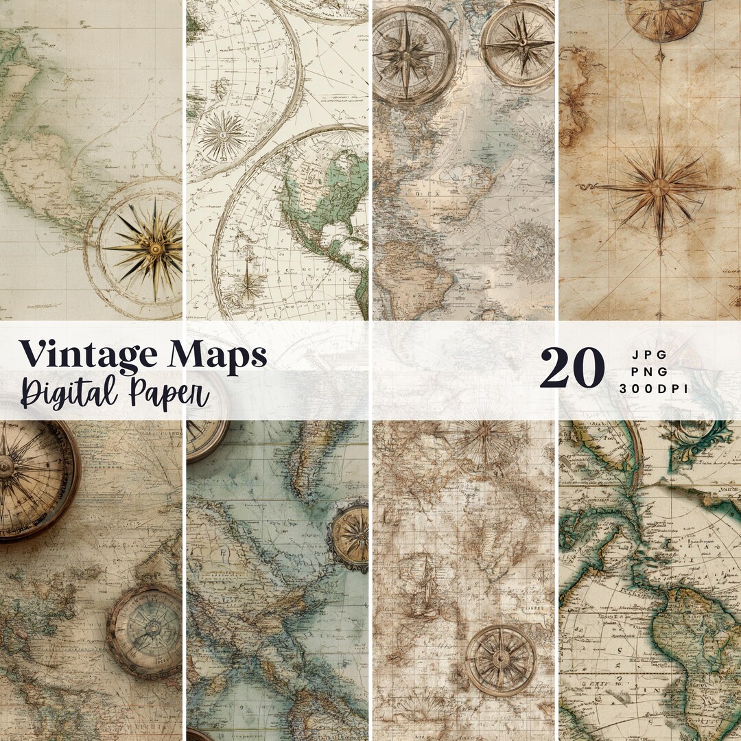 20 Vintage Maps Digital Paper, Seamless, Perfect for Textures ...