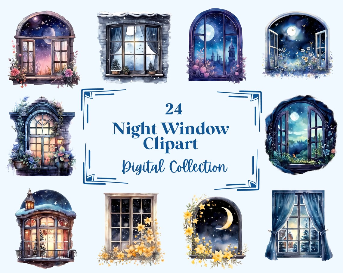 24 Night Window Clipart Illustrations Perfect for Scrapbook - Etsy