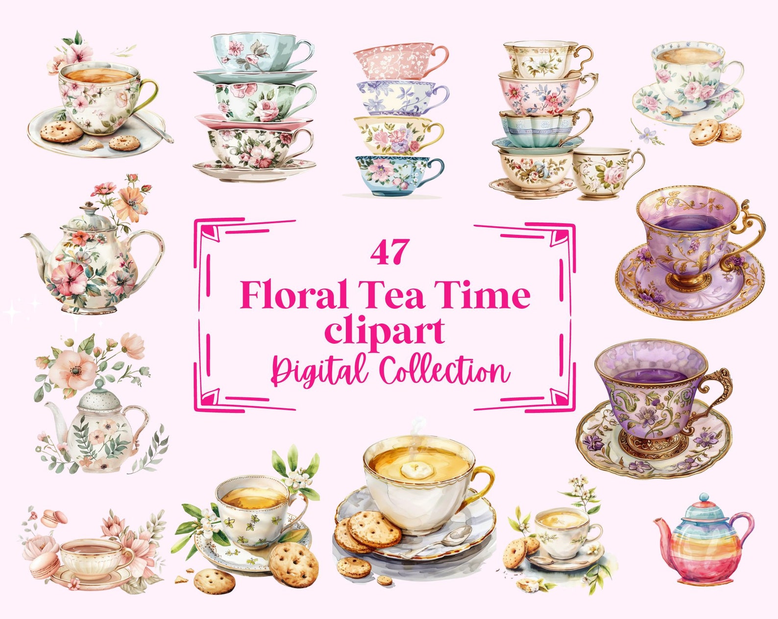 47 Floral Tea Time Clipart Illustrations, Perfect for Scrapbook ...