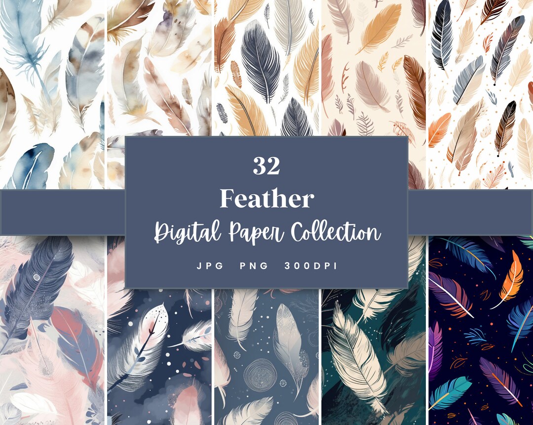 32 Feathers Digital Paper, Watercolor Feathers Patterns & Backgrounds ...
