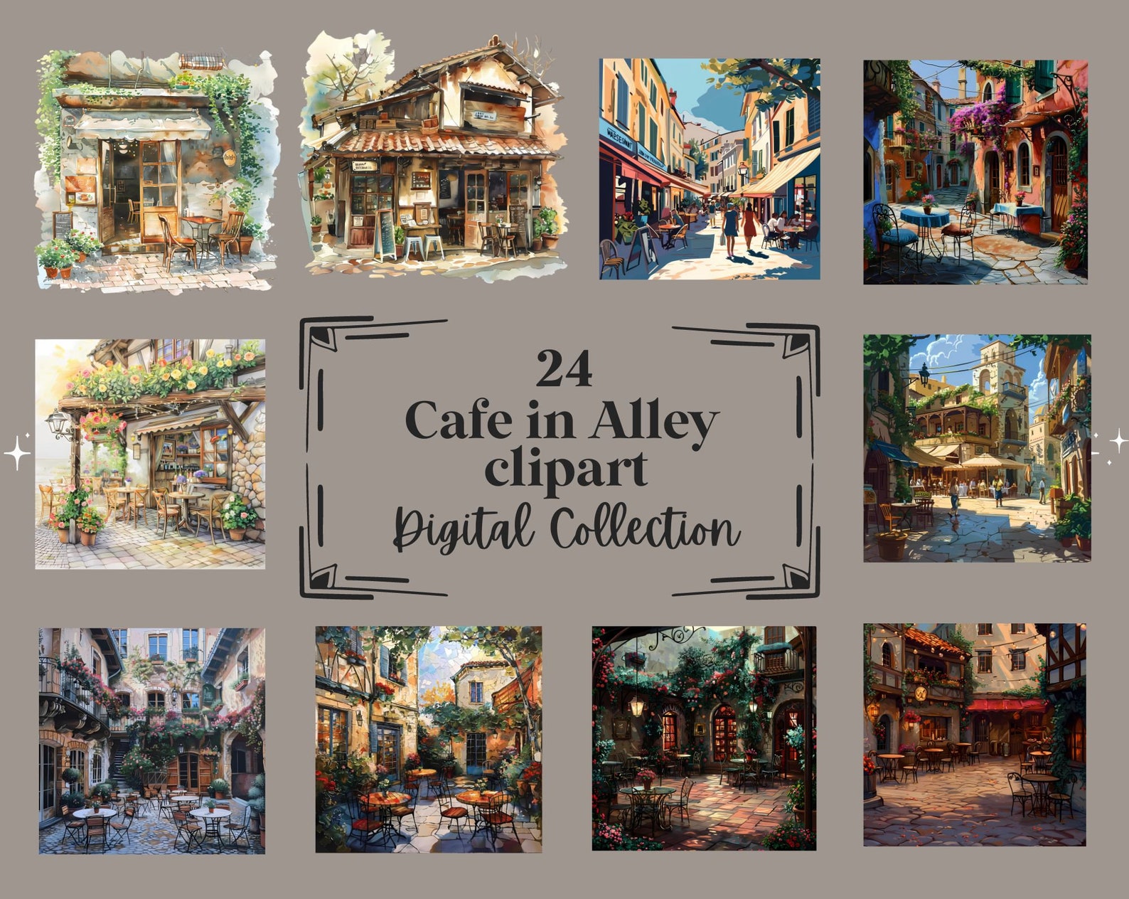 24 Cafe in Alley Clipart Illustrations, Perfect for Scrapbook, Journal ...