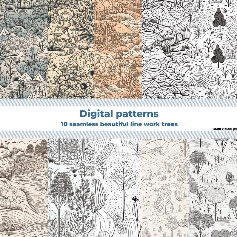 10 Line Work Trees Pattern Printable Digital Paper Seamless - Etsy Ireland