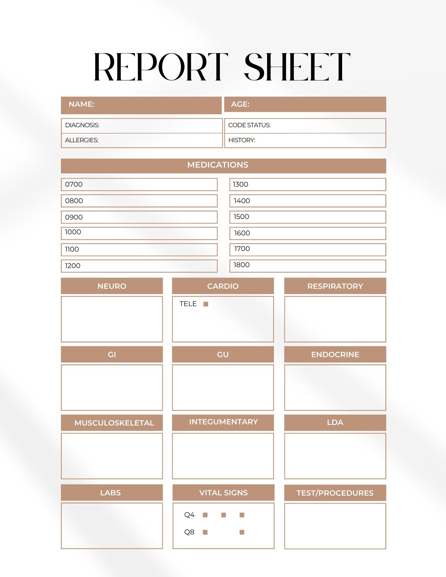 Nursing Report Sheet Template, Day Shift, Night Shift, Med Surg ...
