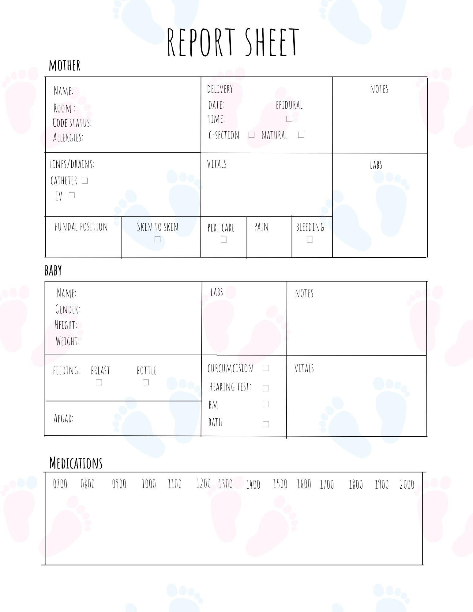 Mother Baby Nurse Report Sheet, Report Sheet, Night Shift, Day Shift ...